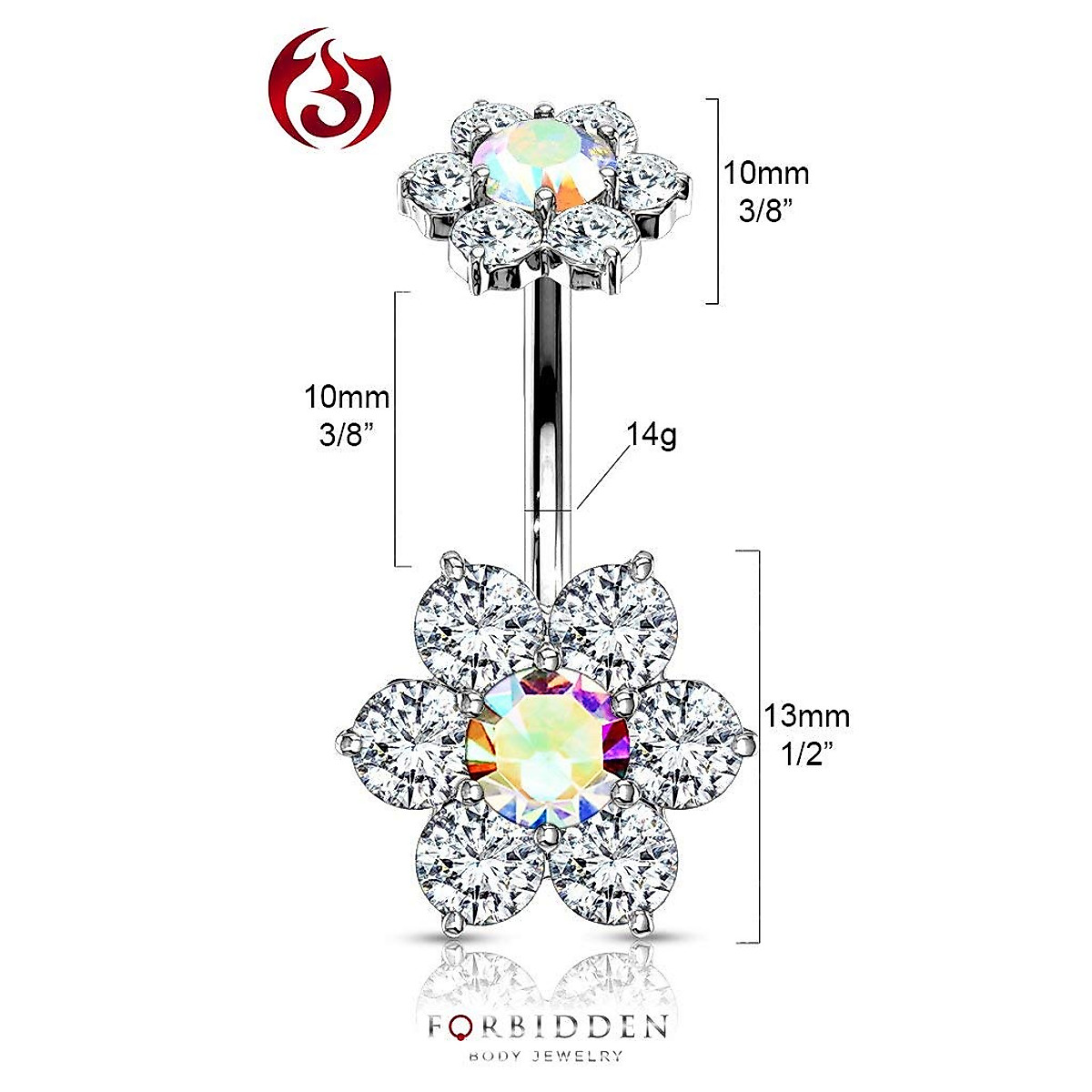 Forbidden Body Jewelry Surgical Steel Belly Ring with CZ Flower Design & Internally Threaded Matching Top, Clr/Aurora Borealis