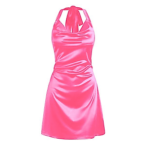 ZAFUL Women Halterneck Satin Mini Dress Sexy Cowl Neck Silky Party Cocktail Club Dress (Hot Pink-Halter-A, S)