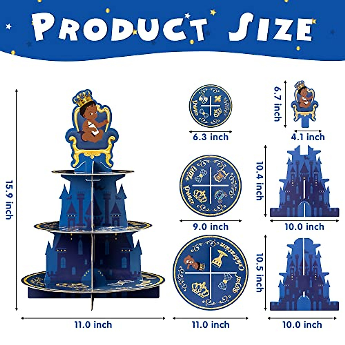 Haooryx Royal Prince Cupcake Stand Decorations 3 Tier African American Little Prince Cupcake Tower Cardboard Black Boys Crown Castle Dessert Holder for Boy Birthday Party Baby Shower Supplies