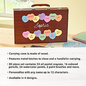 Let's Make Memories Personalized 80-Piece Deluxe Art Set - for Kids - Wood Carrying Case - Oil Crayons, Colored Pencils, Watercolors - Arts & Crafts - Add Their Name - Creative Hearts