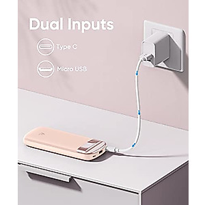 Portable Charger with Built in Cables, 10000mAh USB C iPhone Power Bank, Type C Backup External Battery Pack with 3 Outputs LED Display Compatible with iPhone, Galaxy, Android CellPhones (Pink)