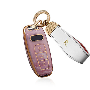SANRILY Golden-edge Jade Pattern Key Fob Cover for Audi Q7 2021 2020 Q8 A8 A6 A7 Etron,RS3 A3 Sportback 2022 Accessories With Leather Keychain Keyless Smart Key Case Shell Pink