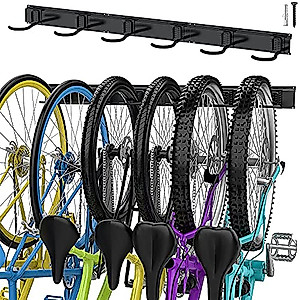 TORACK Bike Storage Rack, 6 Bike Rack Wall Mount Home and Garage Organizer, 64 Inch Garage Hooks Tool Organizer, Adjustable Wall Mounted Garage Hanger Storage System