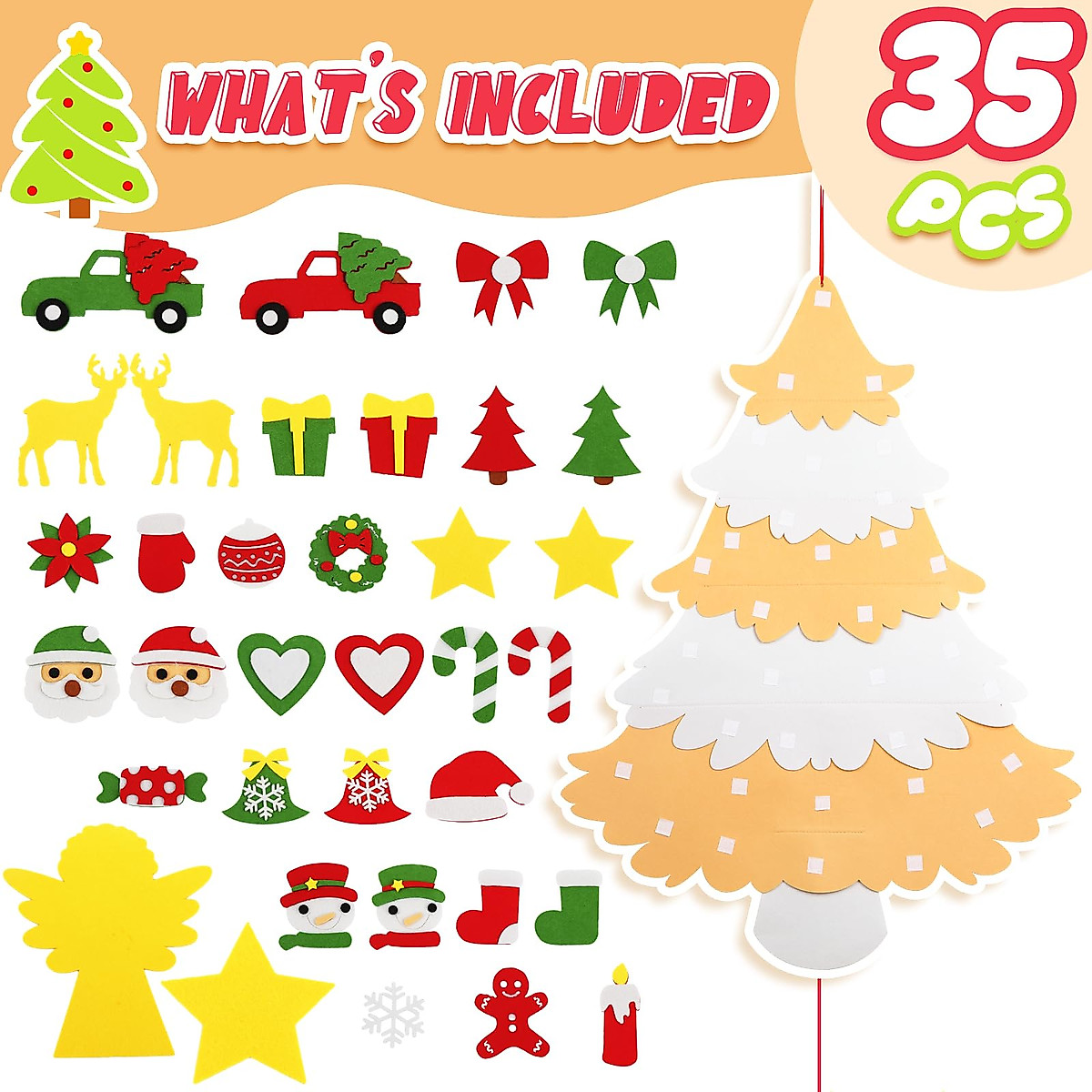 AerWo DIY Felt Christmas Tree Set, 3FT Felt Christmas Tree for Kids Wall with 35PCS Detachable Felt Ornaments for Christmas Tree, Xmas Felt Tree for Christmas Wall Hanging Decorations