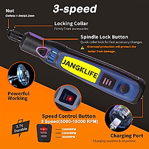JANGKLIFE Cordless Rotary Tool Kit 3.6V, Comes with 41 Accessories, USB Charging Cord, 3-Speed ​​Adjustable for Drilling, Cutting, Sanding, Engraving, Polishing and DIY Crafts