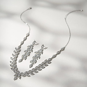 SWEETV Wedding Jewelry Set for Brides Bridesmaid Women, Cubic Zirconia Rhinestone Necklace Dangle Earrings Jewelry Set for Women, Chandelier Bridal Jewelry Set for Wedding Party Costume (0.2 Silver)