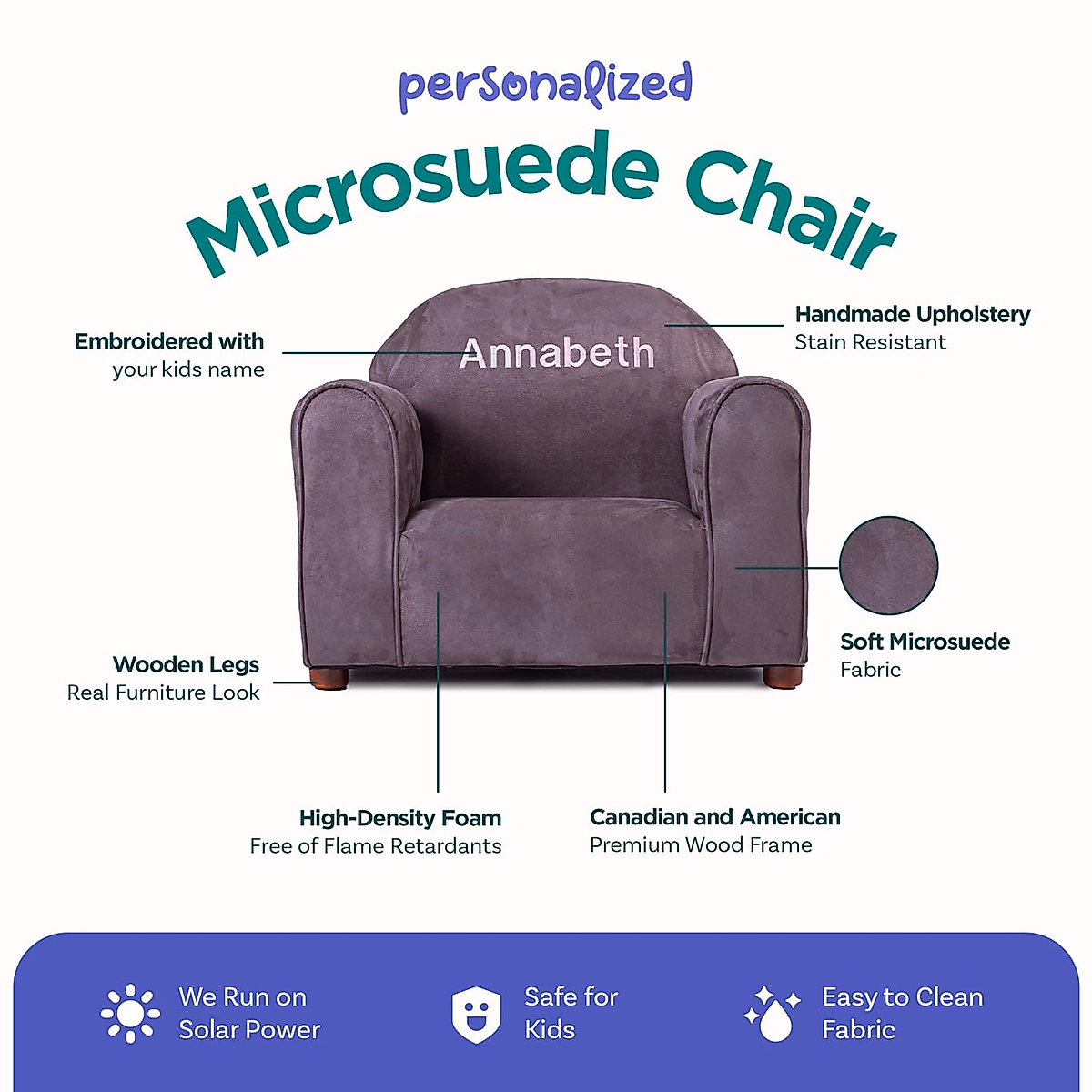 KEET Personalized Toddler Chair, Customize with Name, Personalized Kids Chair, Embroidered with Name, Kids Armchair Personalized, Easy to Coordinate, Ages 2-5 Years Kid Sofa Chair, Microsuede Charcoal