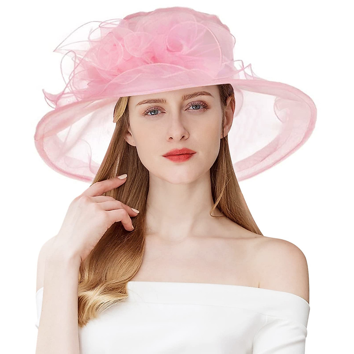 ELLYDOOR Fascinator Wedding Derby Hats for Women Bridal Organza Church Tea Party Hat Wide Brim Sun Hat (Pink)