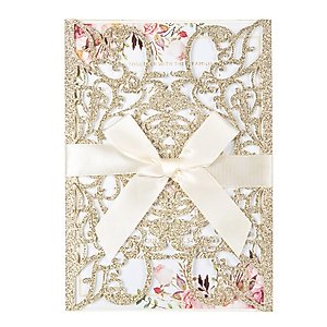 Maffily 50pcs Gold Glitter Laser Cut Invitation Pocket Blank Wedding Invitations with Envelopes And Rsvp Cards Ribbons for Wedding Quinceanera Bridal Shower Engagement Party Invite