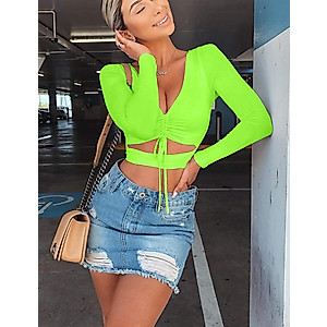 Mizoci Women's Sexy Ruched Tie Up Crop Top Basic Long Sleeve Cut Out T Shirt,Small,Light Green