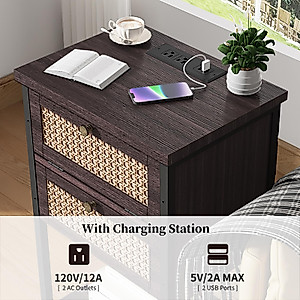 End Table with Charging Station, 2 Tier Rattan Decorated Nightstand with USB Ports and Outlets, Bedside Table with Drawer, Modern Sofa Side Table for Bedroom, Living Room, Office, Cherry Red