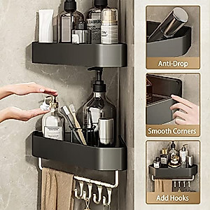 EAQ 2 Pack Corner Shower Shelves, Shower Organizer with 4 Removable Hooks and Towel bar,Adhesive No Drilling Wall Mounted Or Organizer Basket for Washroom/Toilet/Dorm/Kitchen, Matte Black