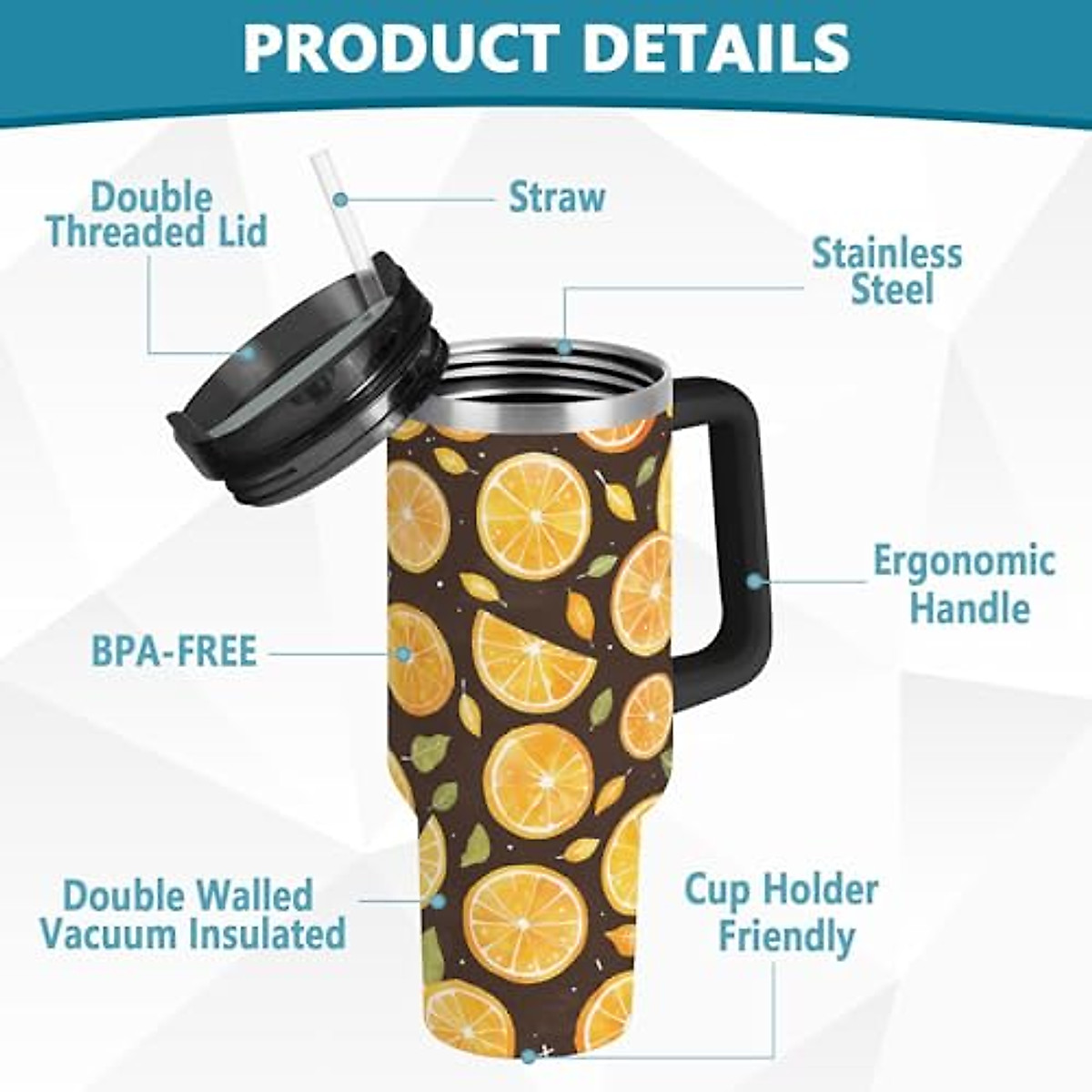 linqin Yellow Grapefruit Dark Vacuum Tumbler Insulated with Lid and Straw 40 oz Water Bottle Wide Mouth Large Coffee Mug for Home, Office or Car