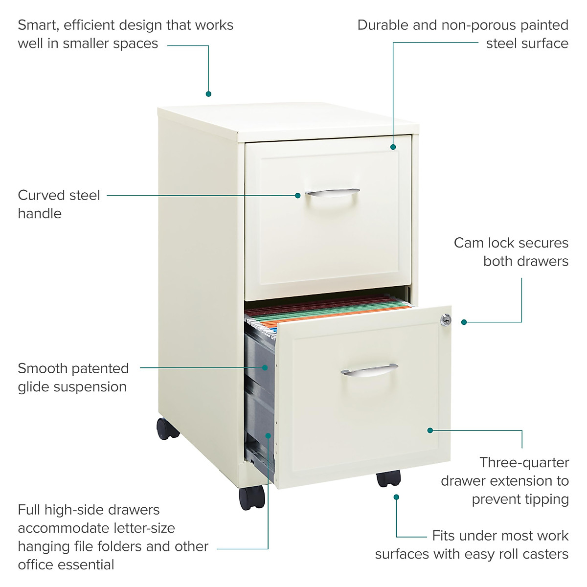 Space Solutions 18" 2 Drawer Mobile Smart Vertical File Cabinet Pearl White