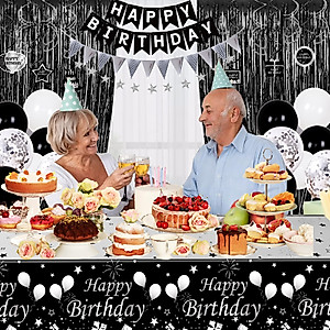 Birthday Decorations Black and White for Men Women, 74Pcs Happy Birthday Balloons Set for Boys Girls with Bday Tablecloth Fringe Curtains Swirls for 16th 18th 21st 30th 35th 40th 45th 50th 60th 70th