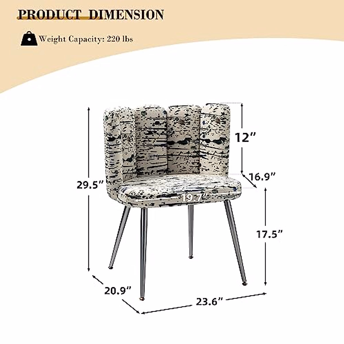 HULALA HOME Modern Dining Chairs Set of 2, Print Living Room Chair with Shell Back and Golden Metal Legs, Comfy Upholstered Cute Accent Chair for Living Room Bedroom Makeup Room Vanity, Ivory