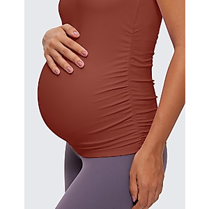 CRZ YOGA Butterluxe Y Back Maternity Tank Tops for Women Ruched Pregnancy Basic Camisole Sleeveless Athletic Yoga Shirts Jujube Brown Large