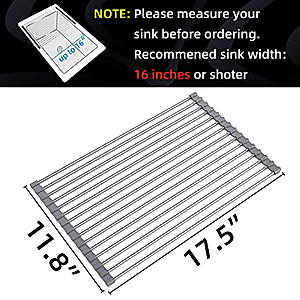 Mikinya Over The Sink Dish Drying Rack, Roll Up Dish Drying Rack Kitchen Dish Rack Stainless Steel Sink Drying Rack, Multipurpose Foldable Dish Drainer, Gray (17.5''x11.8'')