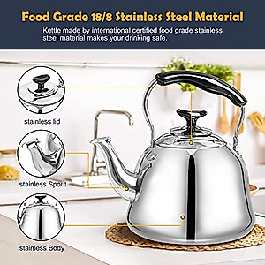 Tea Kettle Stovetop Whistling Teakettle Classic Teapot Stainless Steel Tea Pots for Stove Top with Thin Fast Heating Base, Mirror Finish, 2 liters