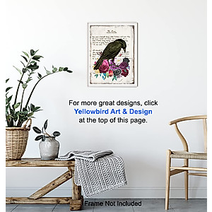 The Raven Edgar Allan Poe Decor - Gift for Medieval, Gothic, Wicca, Wiccan, Witchcraft, Occult Fan, Women - Goth Wall Art - Creepy Poster for Bedroom, Living Room - Crow, Roses, Flowers Picture