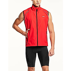 TSLA Men's Cycling Jacket with Removable Sleeves, Reflective Vest Windbreaker, Lightweight Waterproof Running Jackets, Cycling Red, Small
