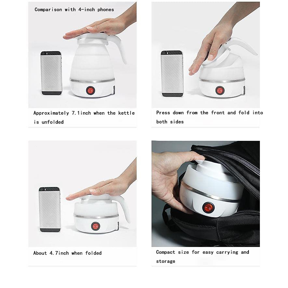 Travel Kettle Electric Small Foldable Portable Kettle,Silicone Collapsible Heating Water Boiler Tea Pot for Camping,Easy for Storage with Separable Power Cord (White)