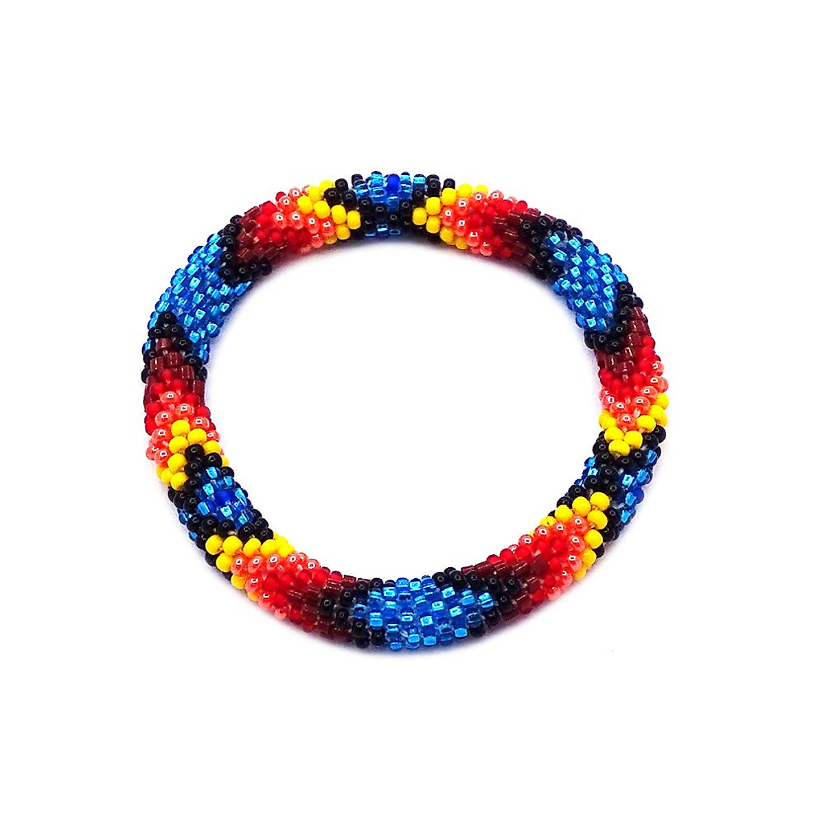 Native American Inspired Tribal Fire Diamond Pattern Guatemalan Czech Glass Seed Beaded One Size Fits All Bangle Bracelet - Womens Fashion Handmade Jewelry Boho Accessories (Light Blue)