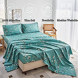 ZRNBAST Teal Sheet Set 4 Pcs Full Sheet Set Floral Print Flat Sheet Fitted Sheet Farmhouse Shabby Bedding Sheets Easy Fit Microfiber Sheets-All Seasons (Teal, Full)