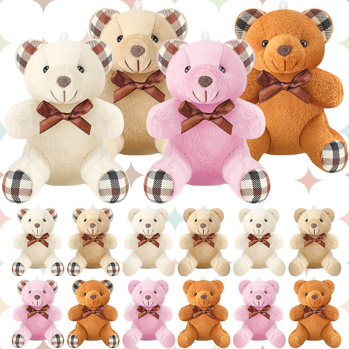 Skylety 16 Pcs Mini Plush Bear Bulk 4 Inch Bear Stuffed Animal Toy Doll Small Soft Bear Keychain for Birthday Baby Shower Wedding Party Favor Decor(Light Brown, Dark Brown, Pink, Beige,Cute)