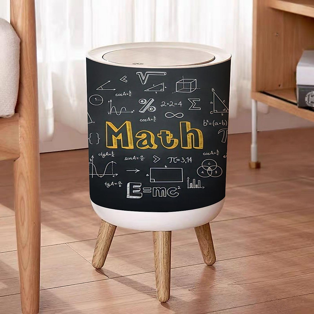 Small Trash Can with Lid for Bathroom Kitchen Office Diaper Math chalkboard hand drawn style Round lettering mathematical symbols Bedroom Garbage Trash Bin Dog Proof Waste Basket Cute Decorative