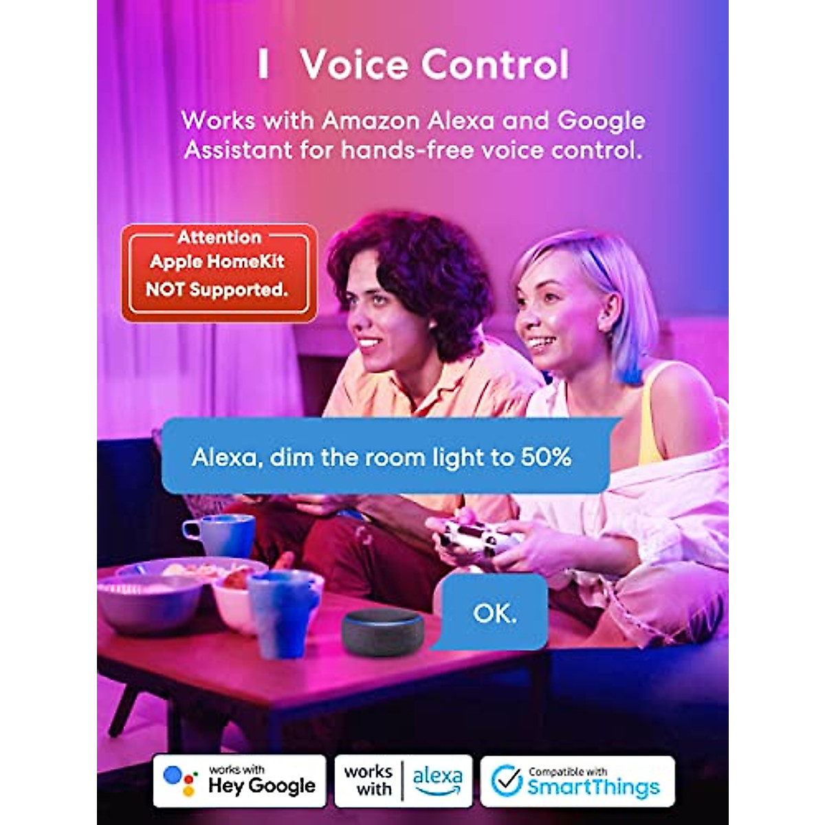 meross Smart Light Bulb, Smart WiFi LED Bulbs Works with Alexa, Google Home, Dimmable E26 Multicolor 2700K-6500K RGBWW, 810 Lumens 60W Equivalent, No Hub Required, 2 Pack