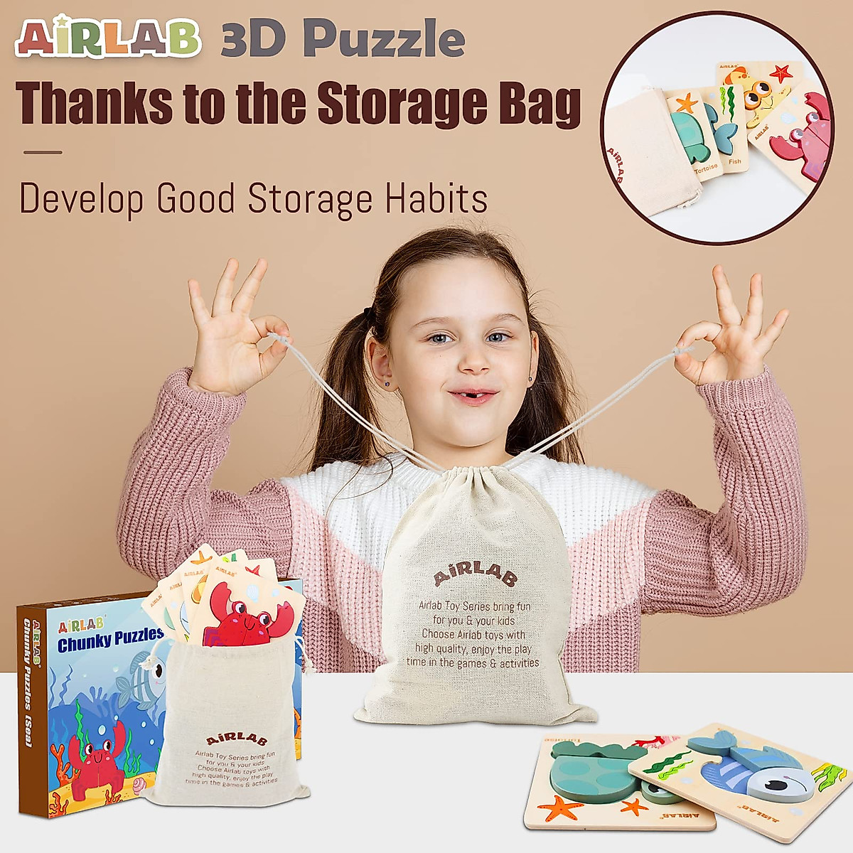 Wooden Puzzles for Toddlers Ocean Animals Montessori Toys Year Old Baby Girl Boy Gifts Educational Learning Bright Color Chunky Shape Puzzle Pack of 4