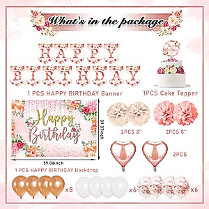 Haimimall 110 Pcs Boho Birthday Party Decorations Backdrop Pink Rose Gold Floral Balloons Happy Birthday Banner Tableware Set Include Plates Cups Cake Topper and Tablecloth for Baby Shower Girl Women