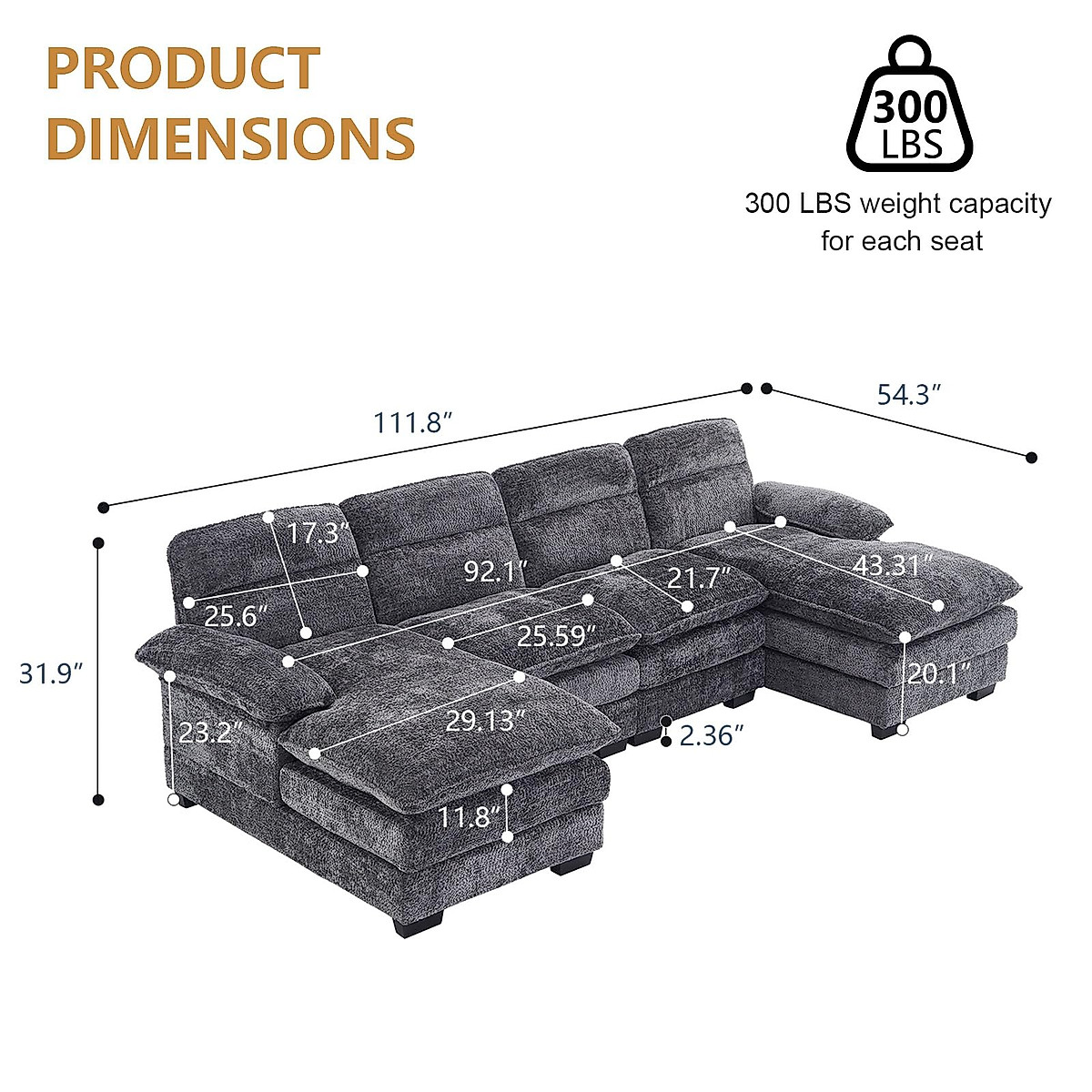111" Cloud Couch,Modular Sectional Sofa, Convertible U Shaped Sofa Couch,4 Seat Chenille Sleeper Sofa with Chaise Lounge Upholstery Double Cushions Deep Seat Sleeper Couch for Living Room