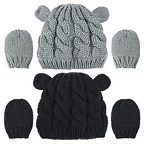 2 Set Newborn Winter Beanie Hats Gloves Kit for Baby Girls Boys Infant Toddler Warm Knitted Hats Glove Autumn Spring 3-6 Months (Black & Gray)