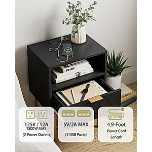 Aobafuir Nightstand with Charging Station, Drawer Dresser for Bedroom, Small Side Table with Drawer, Night Stand, End Table with Gold Frame for Bedroom, Living Room, Diamond Black