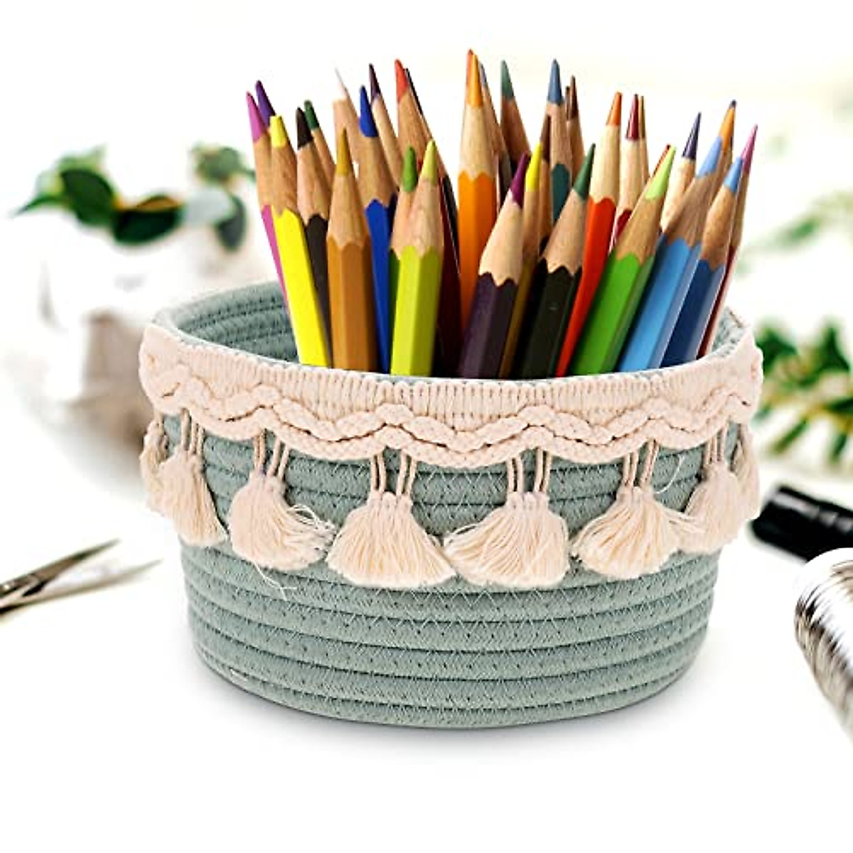 Woven Basket Small Woven Storage Basket Decorative Cotton Rope Basket with Tassel Woven Nursery Hamper Storage Bin for Blankets Towels Toilet Paper Green Bathroom Basket
