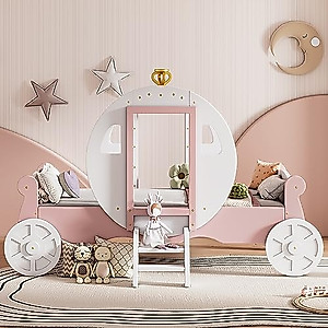 Twin Size Princess Bed with Carriage Shaped Appearance, Wood Girls Bed with Headboard and Footboard, Little Girl Platform Bed, No Box Spring Needed, Pink+White