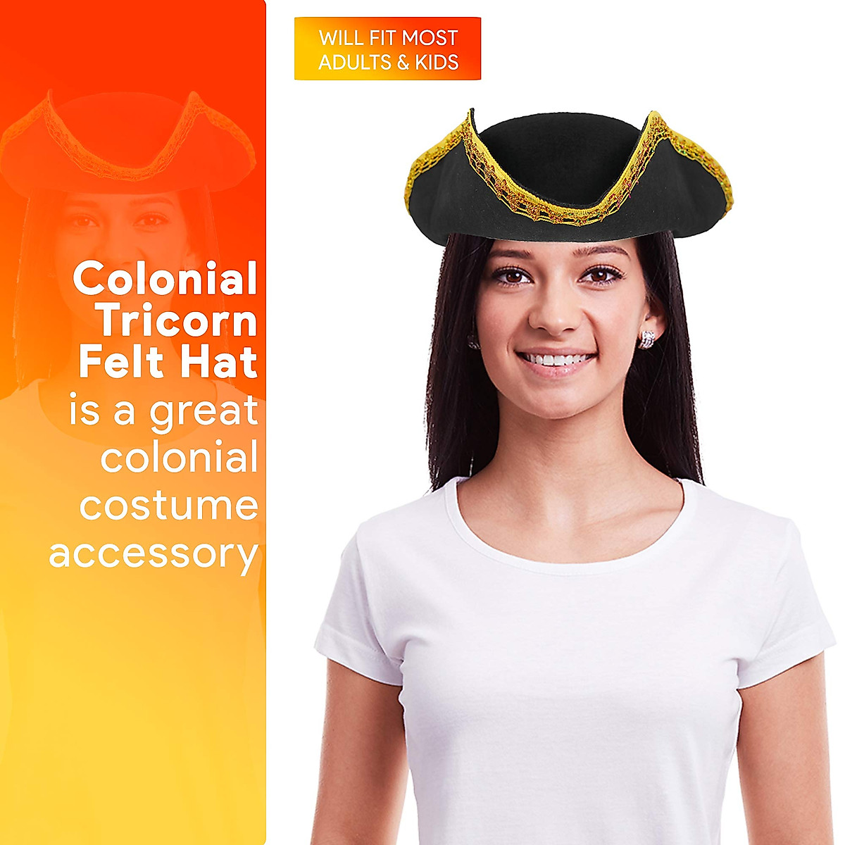 Skeleteen Colonial Black Tricorn Hat - Revolutionary War Costume Tricorner Deluxe Hat with Gold Trimming
