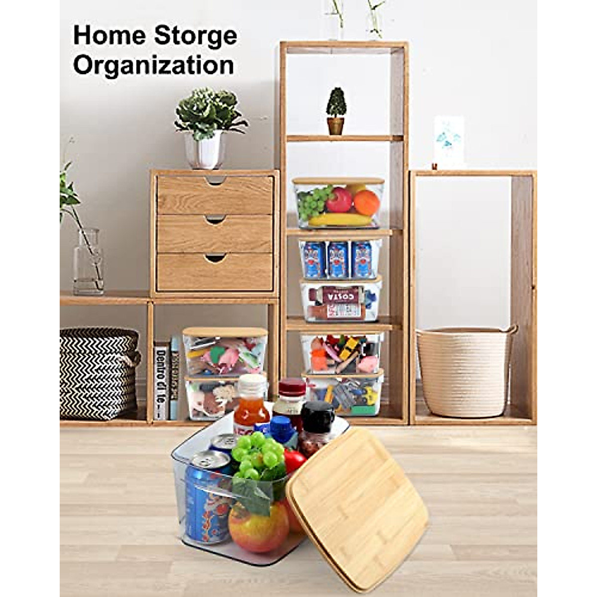 AREYZIN Set of 6 Lidded Plastic Storage Baskets + 6 Pack Clear Storage Bins with Bamboom Lids Freezer Organizer Bins Pantry Organization and Storage