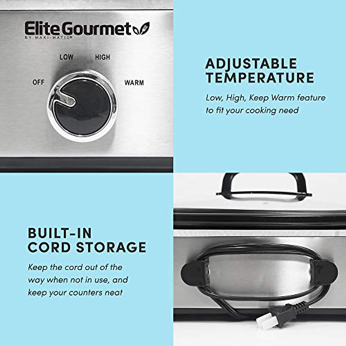 Elite Gourmet MST-5240SS Crock Slow Cooker, Locking Lid Adjustable Temperature Keep Warm Oven & Dishwasher-Safe Casserole Pan, 3.5Qt Capacity, Stainless Steel