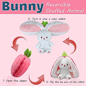 OSQI Reversible Bunny Stuffed Animal - Carrot Strawberry Plush Doll with Zipper - Soft and Adorable Rabbit Toy Pillow for Kids and Adults Easter Gift and Decoration
