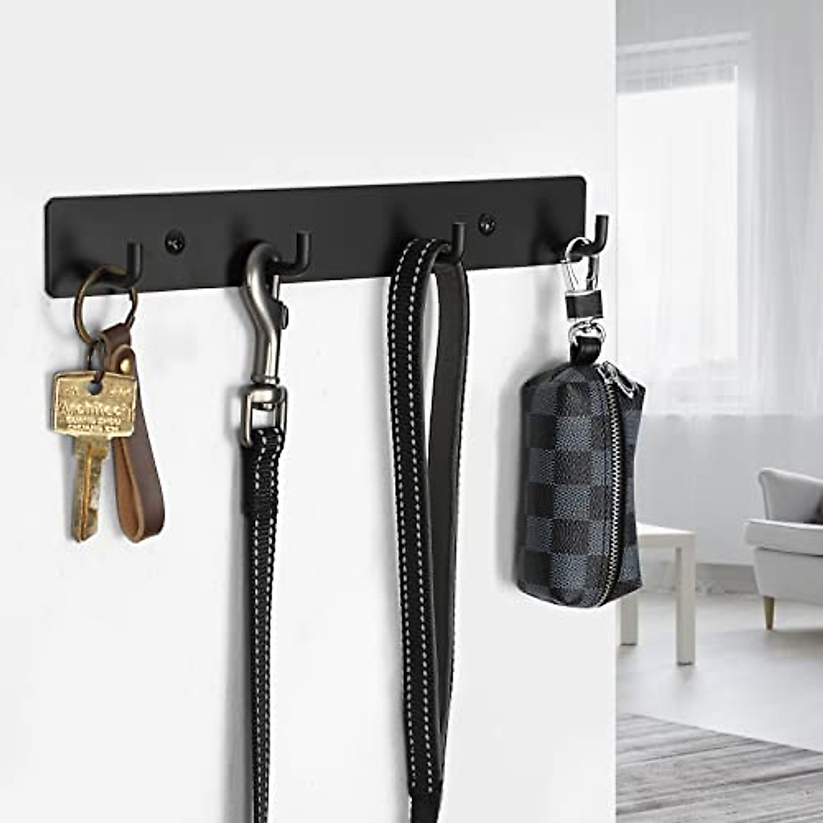 Lwenki Key Holder for Wall, Key Rack with 4 Key Hooks to Hang Keyrings, Dog Leash, Umbrella, Sunglasses – Key Hanger with Mounting Hardware for Glass, Tile and Wood (10.9” x 1.4” x 1.0”) (Black)