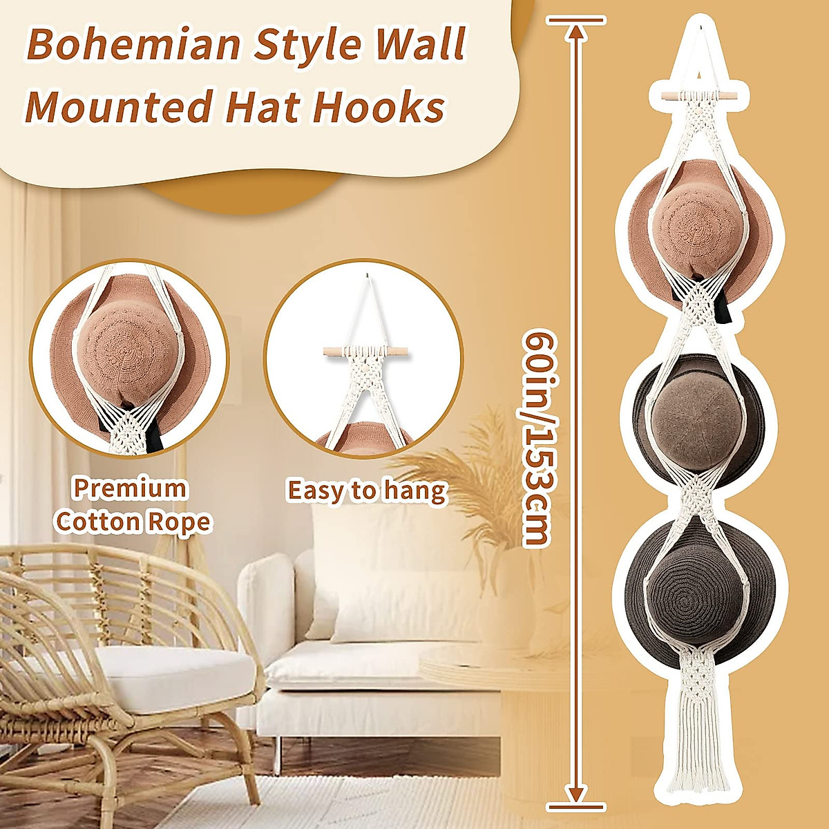 TOPMEET Macrame Hat Rack for Hanger Wall Display, Bohemian Hat Holder for Organizer Storage Decorative Wide Brim Cap - 2Pack White