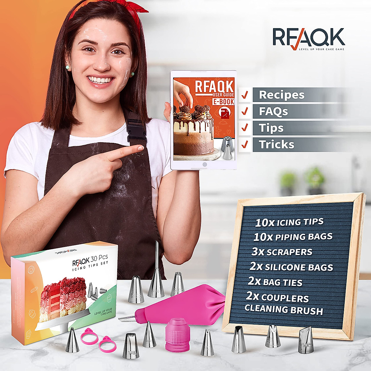 RFAQK 30PCs Piping Bags and Tips Set with EBook - Frosting Piping Kit with 10 Piping Tips,10 Pastry Bags, 2 Reusable Bags, 3 Icing Scrapers, 2 Couplers & 2 Ties for Cookies Cake Decorations (Pink)