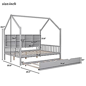 YOPTO Full Size House Bed with Trundle,Pine Wood Playhouse Bed Frame W/Storage Shelf,Front and Rear Guardrails,No Box Spring Needed,Easy Assembly,for Kids,Boys,Girls