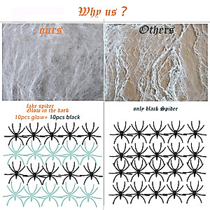 300 Sqft Halloween Spider Web Decorations, with 10 Glow in the Dark+10 Black Fake Scary Spiders, Super Stretch Cobwebs Creepy Halloween Indoor Outdoor Office Party Supplies (300 Sqft Web+20 Spider)