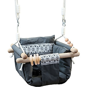 Baby Swing Seat, Canvas Hanging Swing Seat with Safety Belt, for Baby, Toddler, Infant, Tree Swing, Playground, Indoor & Outdoor Hammock Swing, Dark Gray with Lace