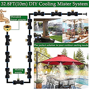 G GOYEA TACTICAL Mister System for Outside Patio,DIY Outdoor Misting Cooling System with 32.8FT(10M) Misting Line,11 Brass Mist Nozzle and 3/4" Faucet Adapter,Fit for Greenhouse Garden Backyard