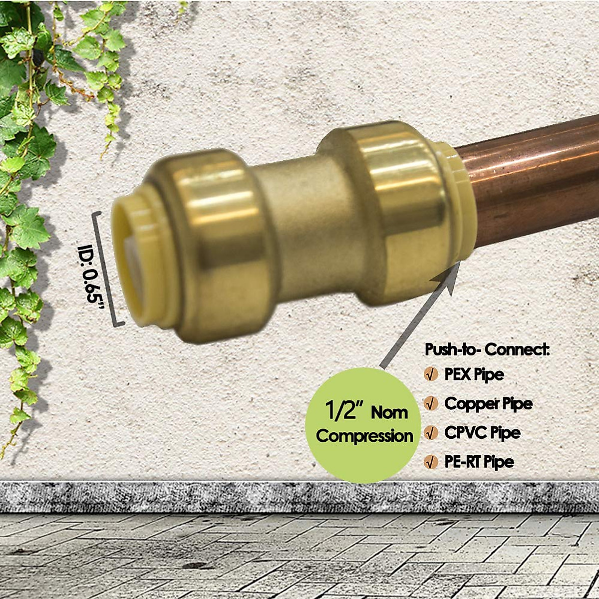 HQMPC Push Fit PEX Fittings Straight Coupling 1/2", Push-to-Connect Copper, CPVC, No Pb Brass Plumbing Fittings (2PCS 1/2 Inch(1/2"))